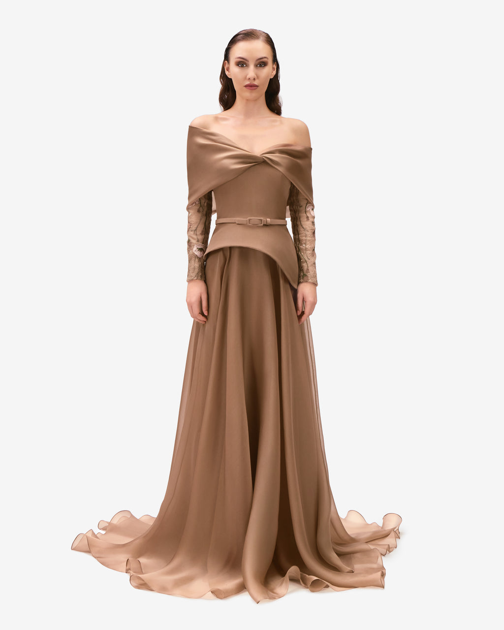 Embroidered Sleeves Off Shoulder Cage Dress – SANDY NOUR