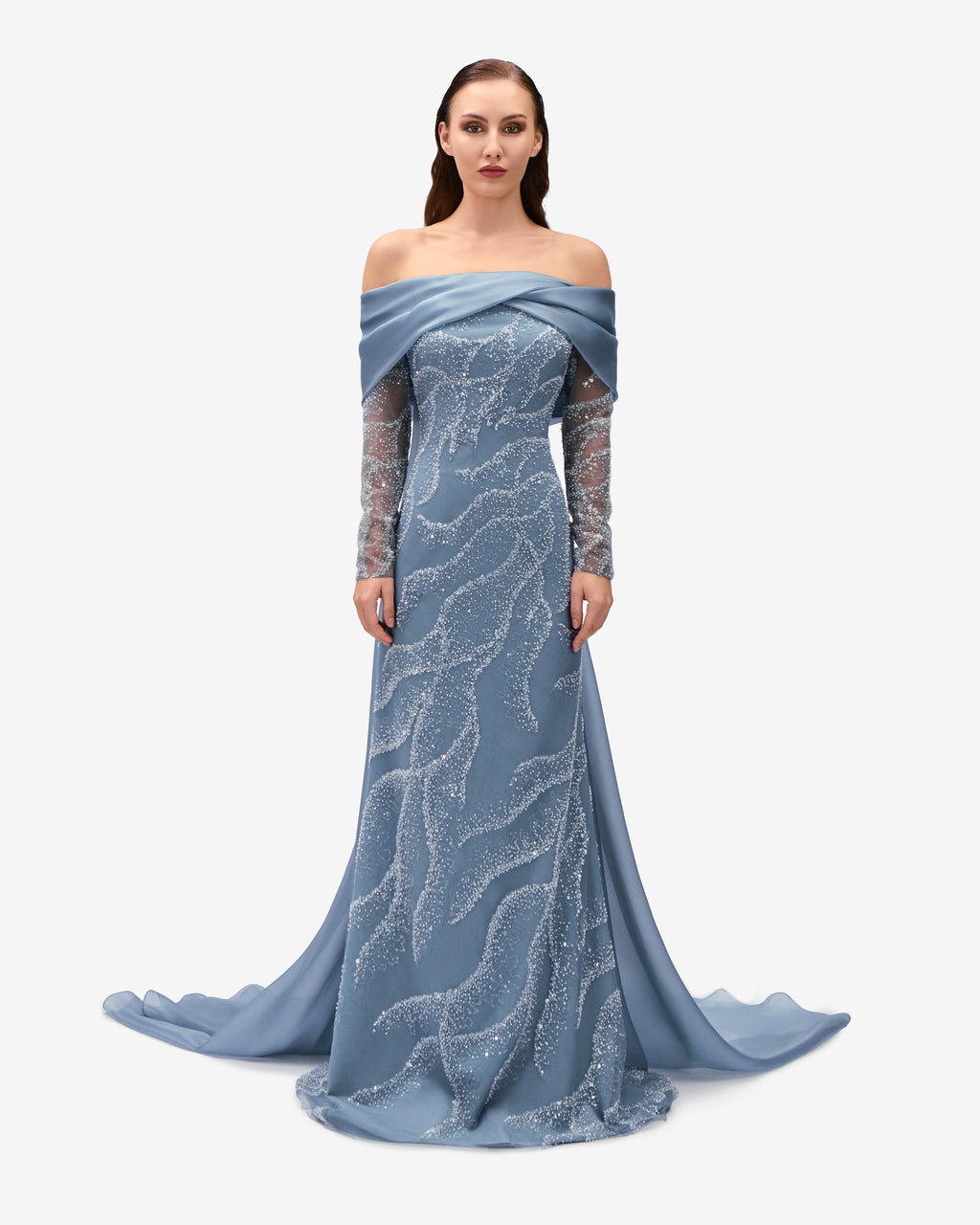 Draped Off The Shoulder Beaded Dress – SANDY NOUR